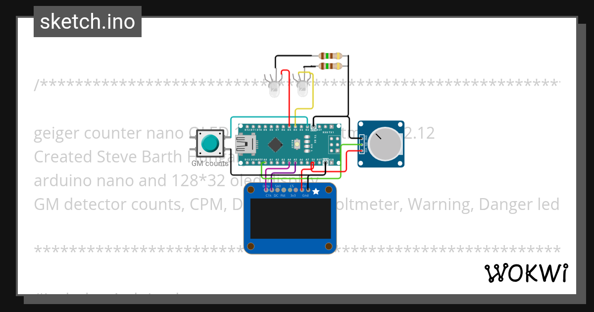 geiger counter v2.12 nano OLED 1 sw 2 leds voltmeter .ino Copy - Wokwi ESP32, STM32, Arduino ...