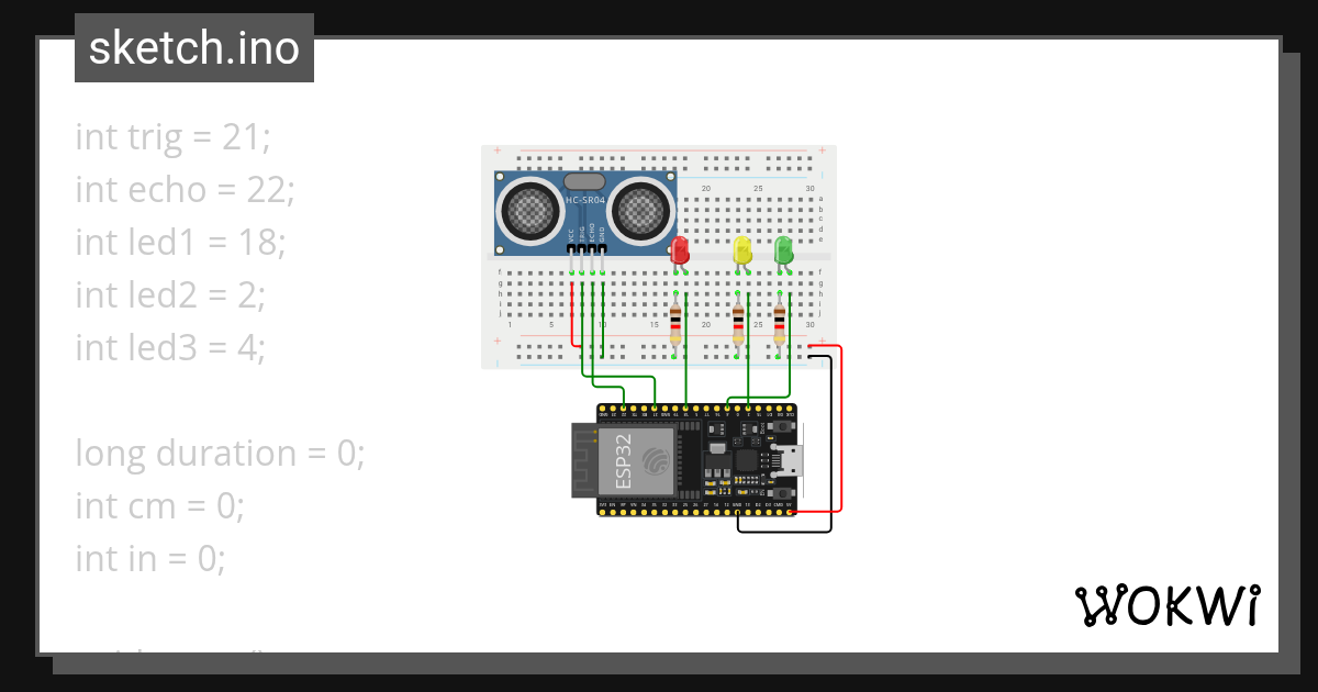 Traffic Light Using LED and Ultrasonic Sensor - Wokwi ESP32, STM32, Arduino Simulator