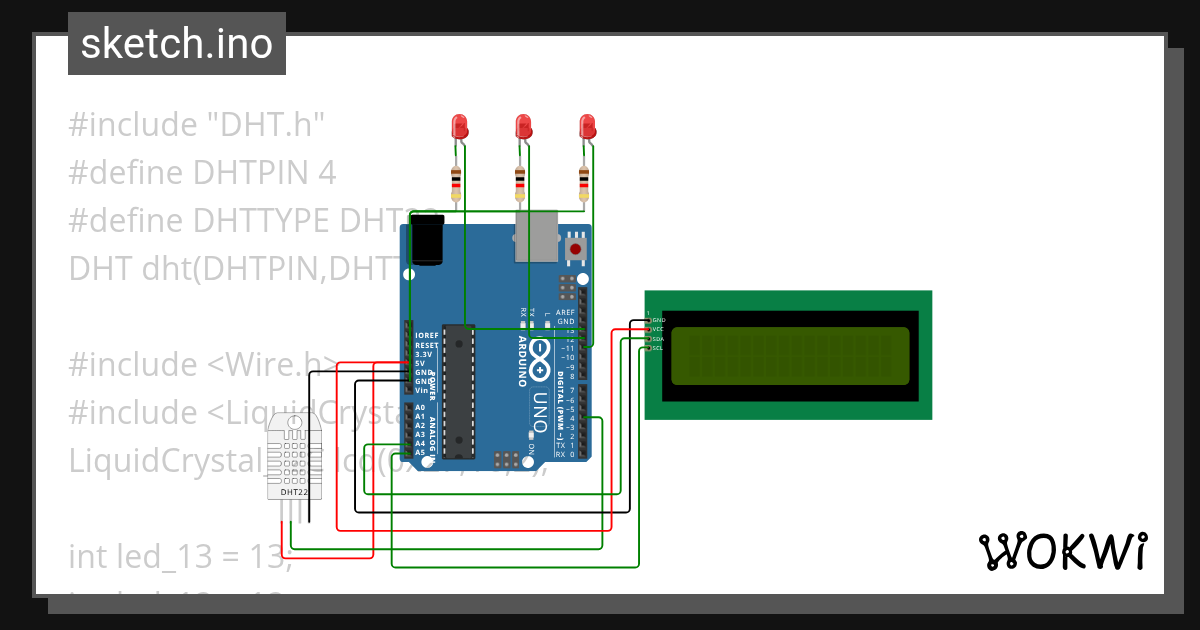 DHT22+LED+LCD 26/22/66 - Wokwi ESP32, STM32, Arduino Simulator