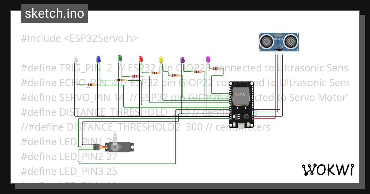 2 LED AND ULTRASONIC AND SERVO Copy (6) - Wokwi ESP32, STM32, Arduino Simulator