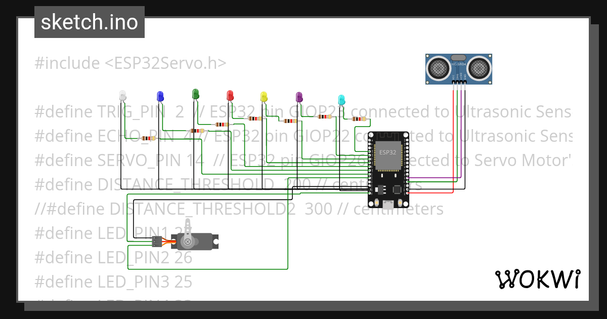 2 LED AND ULTRASONIC AND SERVO Copy (7) - Wokwi ESP32, STM32, Arduino Simulator