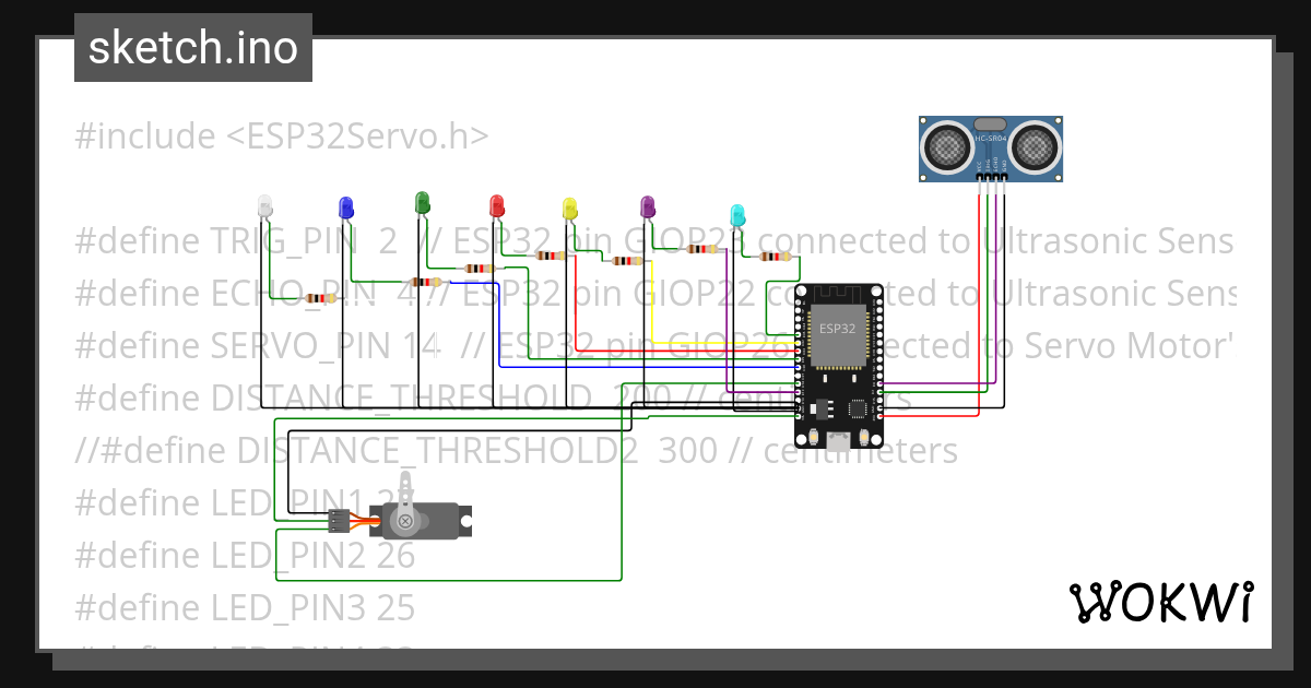 2 LED AND ULTRASONIC AND SERVO Copy (10) - Wokwi ESP32, STM32, Arduino Simulator