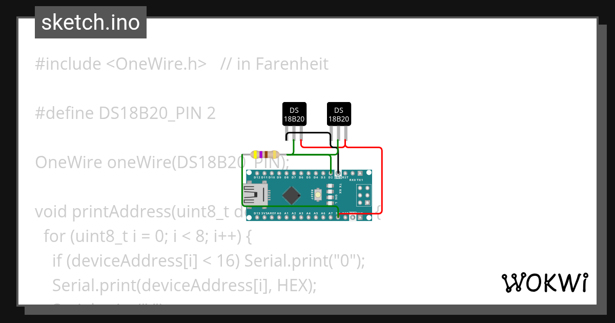 Dallas Temperatur 2Sensoren ohne Dallas mit ONEWIRE - Wokwi ESP32, STM32, Arduino Simulator