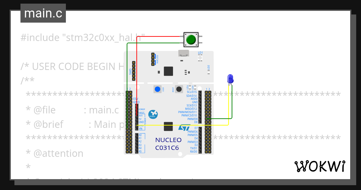 ST Nucleo - 2 BUTTON 1 LED - Wokwi ESP32, STM32, Arduino Simulator