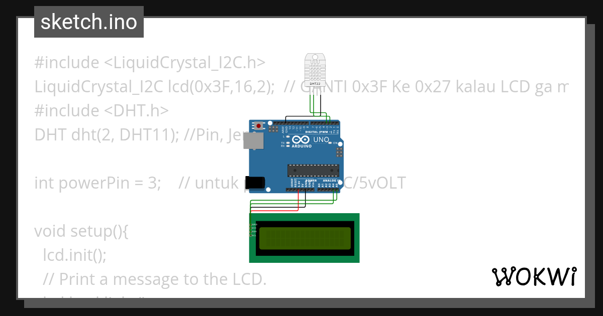 SEMSOR LCD I2C DENGAN SENSOR DHT Copy - Wokwi ESP32, STM32, Arduino Simulator