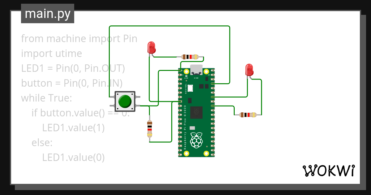 Led With Switch On Micropython Raspberry Pi Pico Board Copy Wokwi Esp32 Stm32 Arduino Simulator