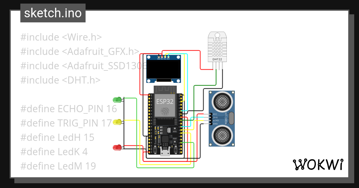 ESP32 oled ultrasonic monitoring with dht22 80=160 - Wokwi ESP32, STM32, Arduino Simulator