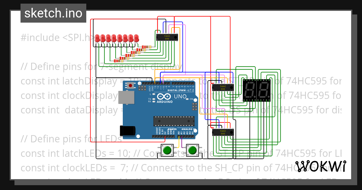 74hc595 With 2 Seven Segment Displays Wokwi Esp32 Stm32 Arduino Simulator