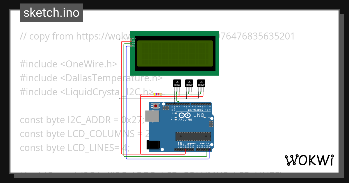 Three DS18B20 devices on the same OneWire bus Copy - Wokwi ESP32, STM32, Arduino Simulator