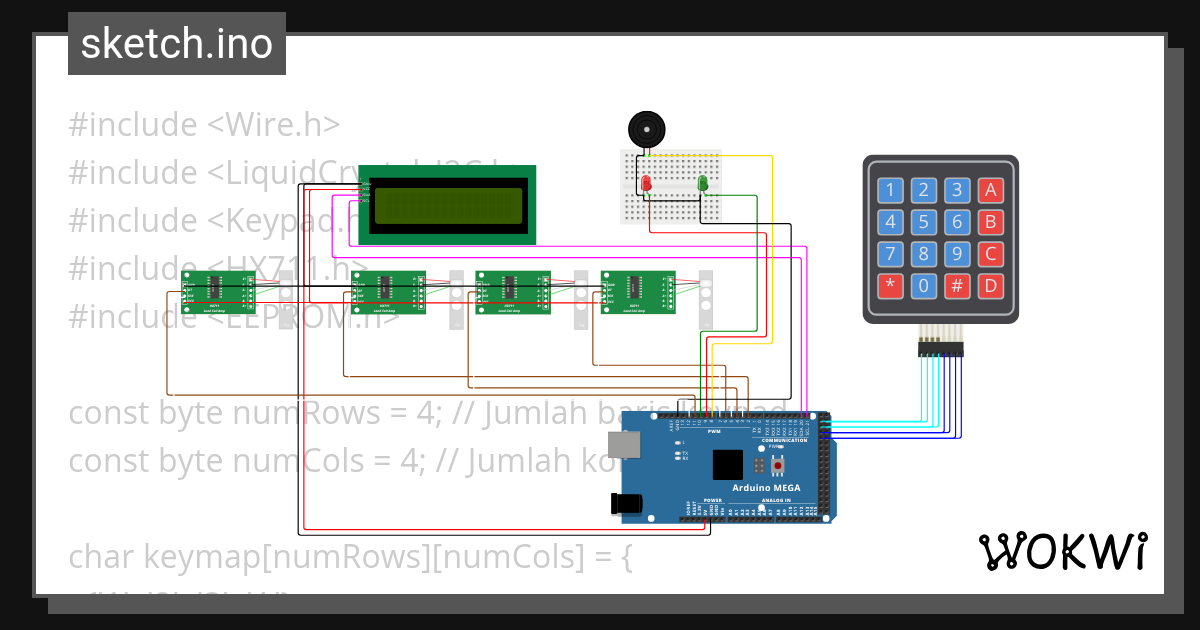 DOPI NYOBA Arduino Mega,4 loadcell 5kg+ LCD I2C Copy (4) - Wokwi ESP32, STM32, Arduino Simulator