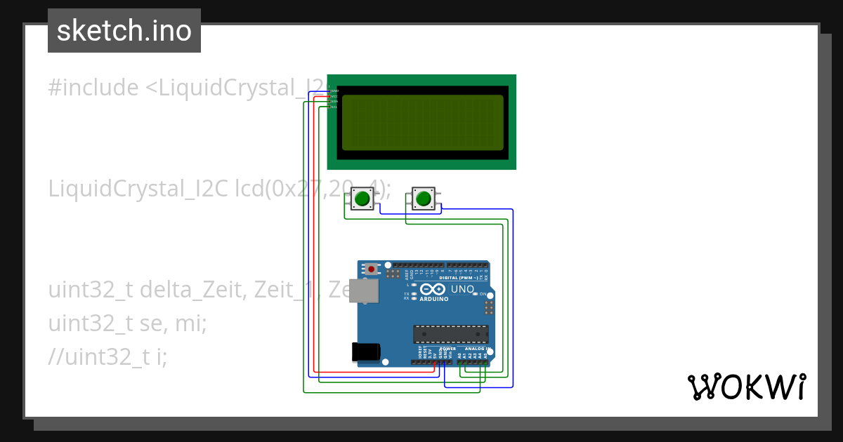 Stoppuhr auf LCD (millis) - Wokwi ESP32, STM32, Arduino Simulator