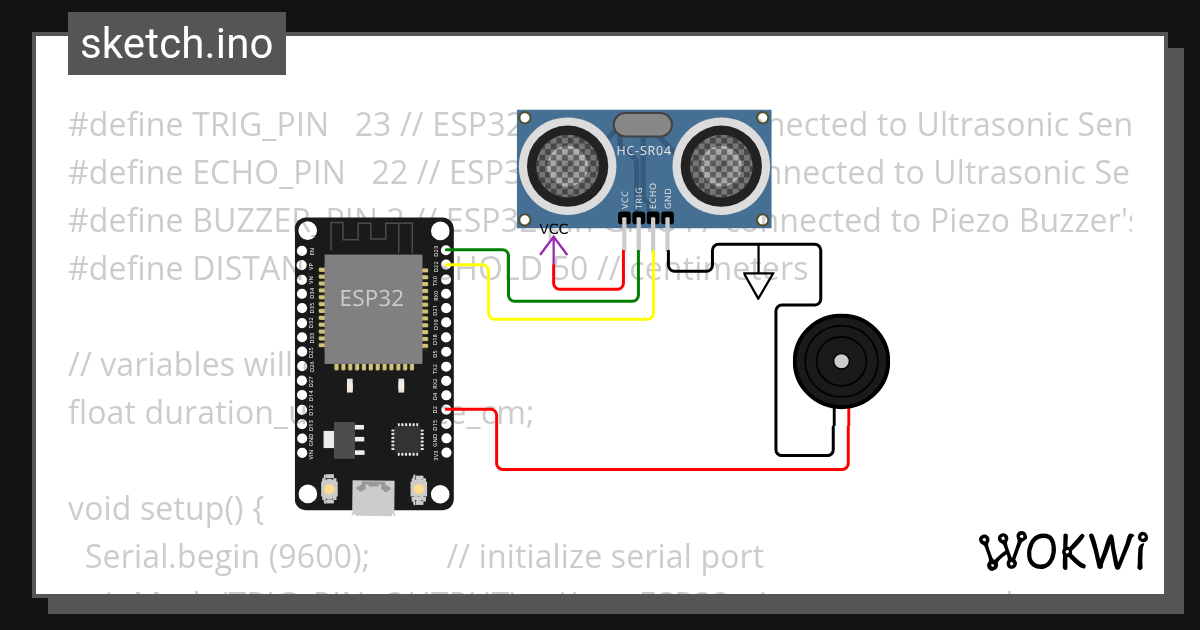 Ultrasonic Sensor with esp32 and buzzer Copy - Wokwi ESP32, STM32, Arduino Simulator
