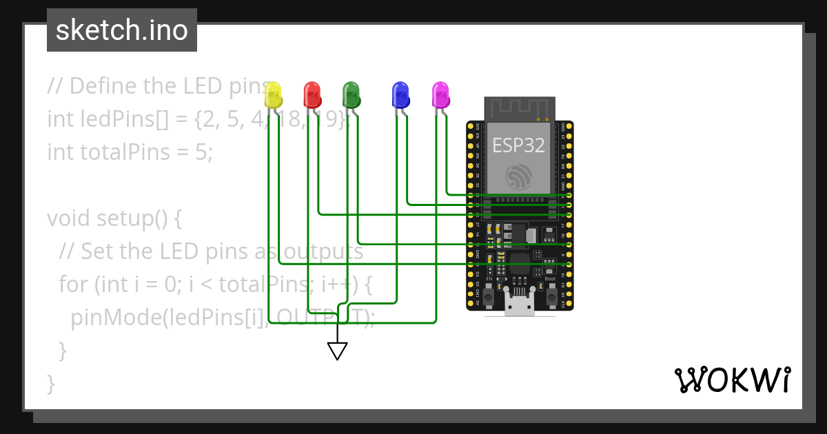 Brightness Of The 5 Leds Using The Pwm Pins Of Esp32 Wokwi Esp32