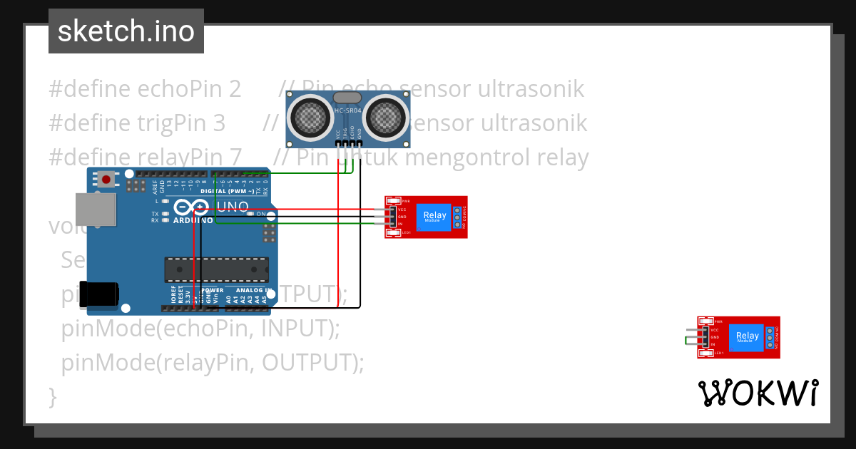Ultrasonik dengan relay lampu 220 v - Wokwi ESP32, STM32, Arduino Simulator Ultrasonik dengan relay lampu 220 v - Wokwi ESP32, STM32, Arduino Simulator