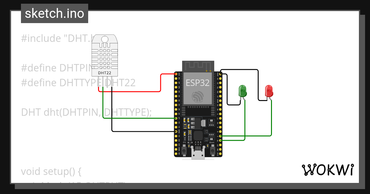 DHT 22 sensor with LED - Wokwi ESP32, STM32, Arduino Simulator