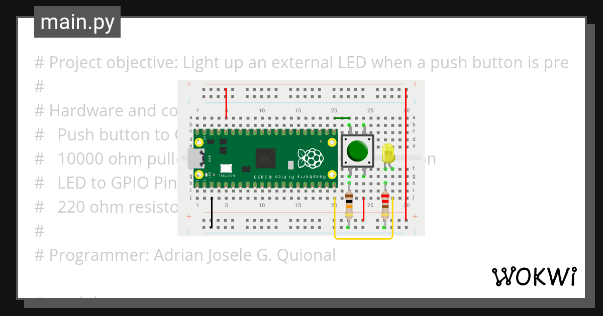 Raspberry Pi Pico Push Button and LED - Wokwi ESP32, STM32, Arduino Simulator
