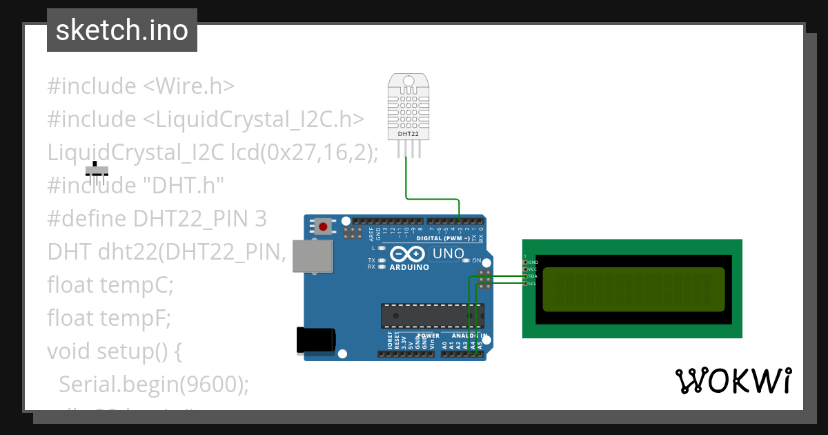 DHT22 display on LCD - Wokwi ESP32, STM32, Arduino Simulator