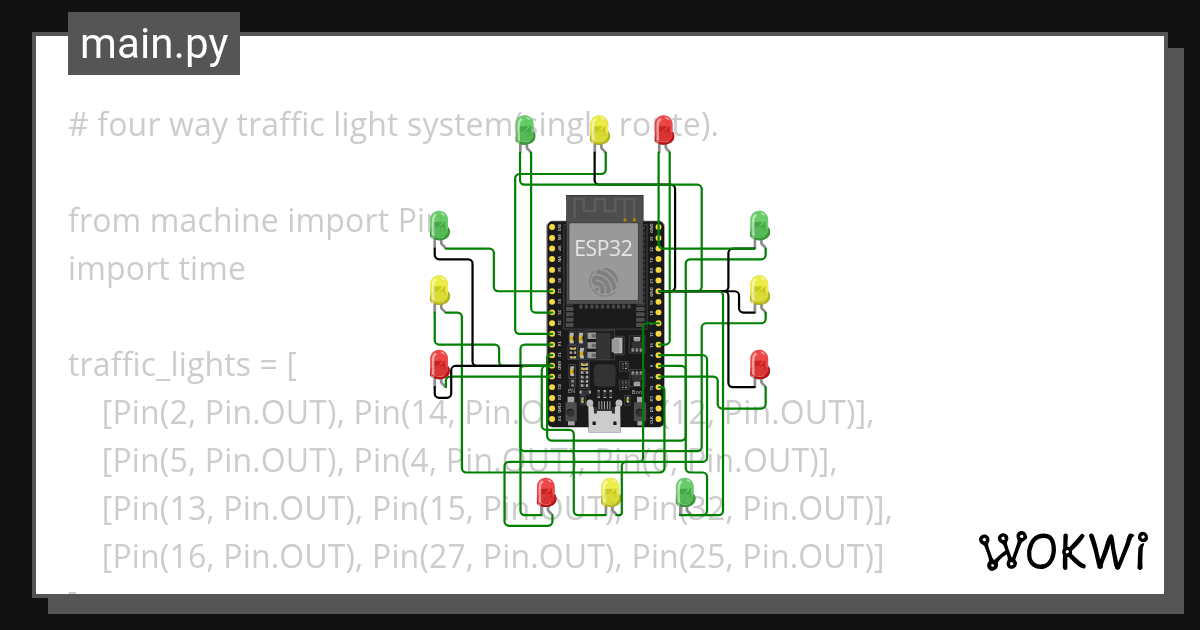 four way traffic system Copy using loop one way - Wokwi ESP32, STM32, Arduino Simulator