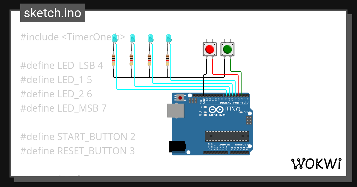 Button Blinks Binary - Wokwi ESP32, STM32, Arduino Simulator