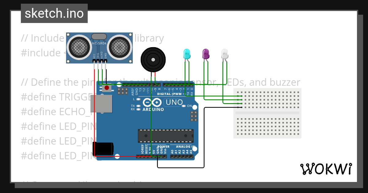 Buzzer_Ultrasonic_LEDs - Wokwi ESP32, STM32, Arduino Simulator
