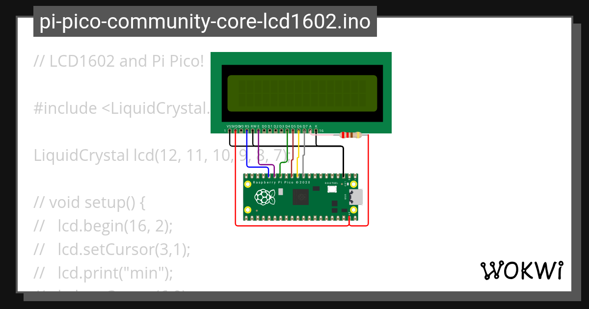 pi-pico-community-core-lcd1602.ino Copy - Wokwi ESP32, STM32, Arduino Simulator