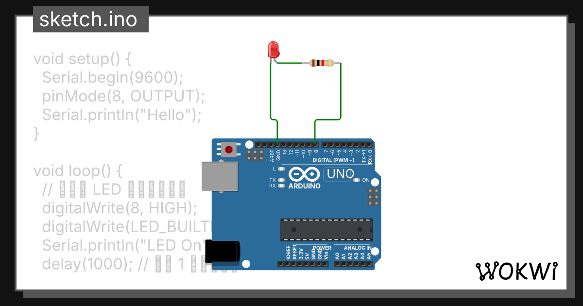 UNO LED กระพริบ - Wokwi ESP32, STM32, Arduino Simulator