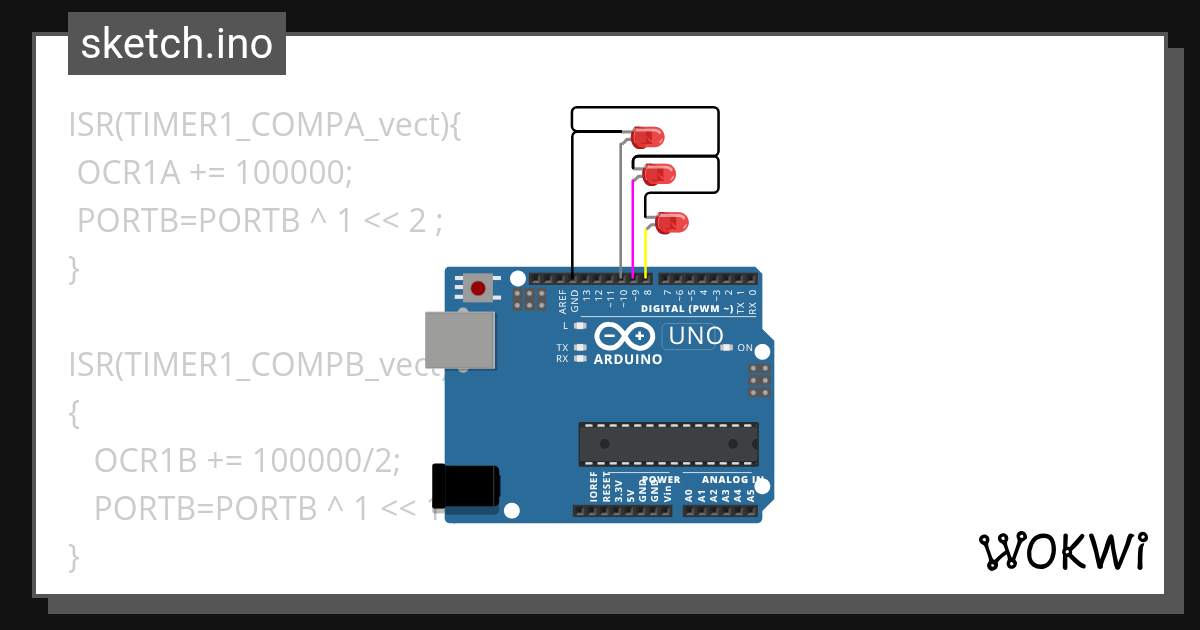 3 leds and a timer - Wokwi ESP32, STM32, Arduino Simulator