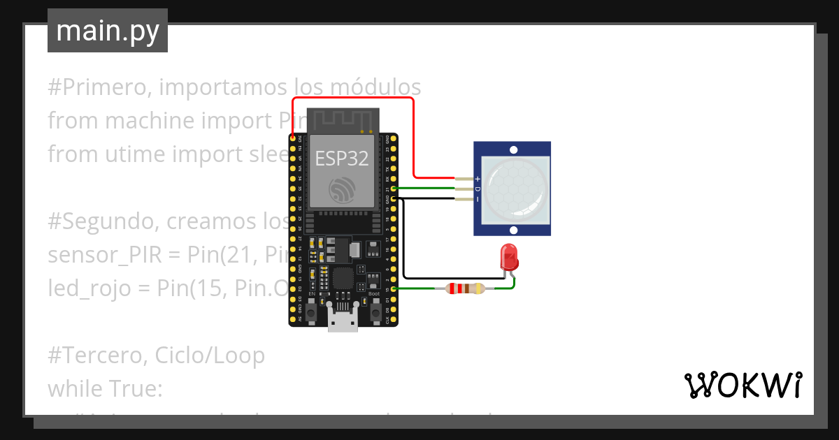 4 Montaje: Sensor PIR - Wokwi ESP32, STM32, Arduino Simulator