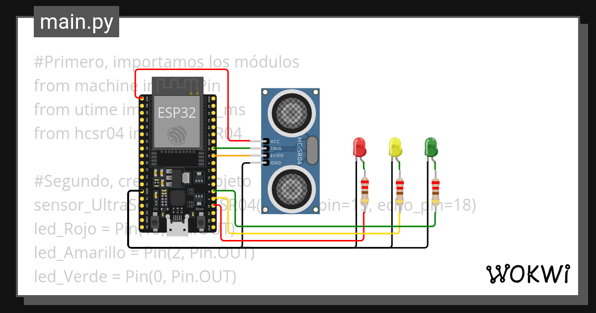5 Montaje: Sensor HCSR04 - Wokwi ESP32, STM32, Arduino Simulator