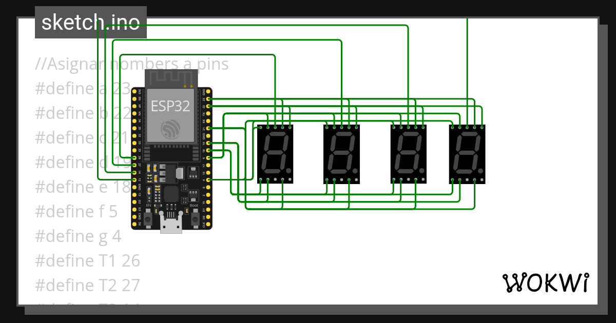 Letrero 4 Displays SIN COMPUERTAS - Wokwi ESP32, STM32, Arduino Simulator