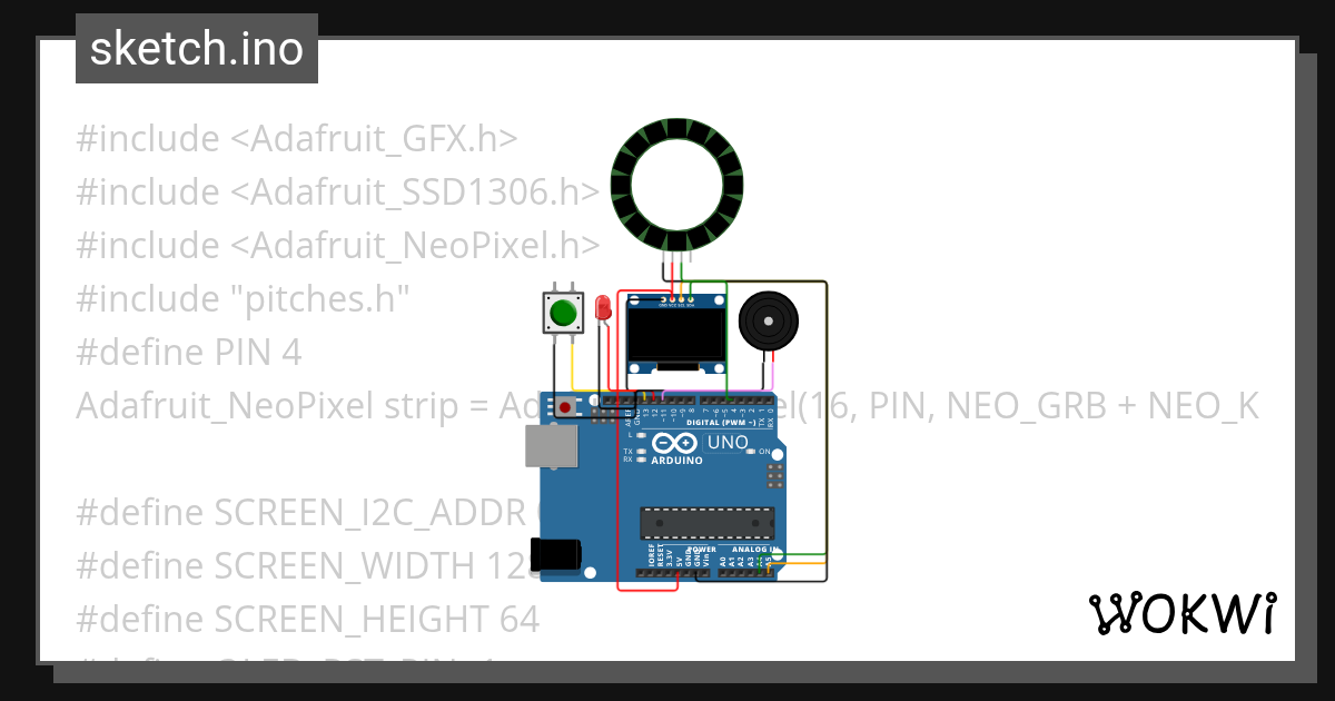OLED(anim)+BUTTON+LED - Wokwi ESP32, STM32, Arduino Simulator
