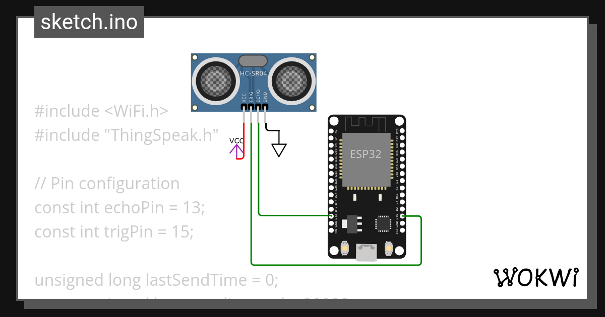 Ultrasonic sensor and thinkspeak - Wokwi ESP32, STM32, Arduino Simulator