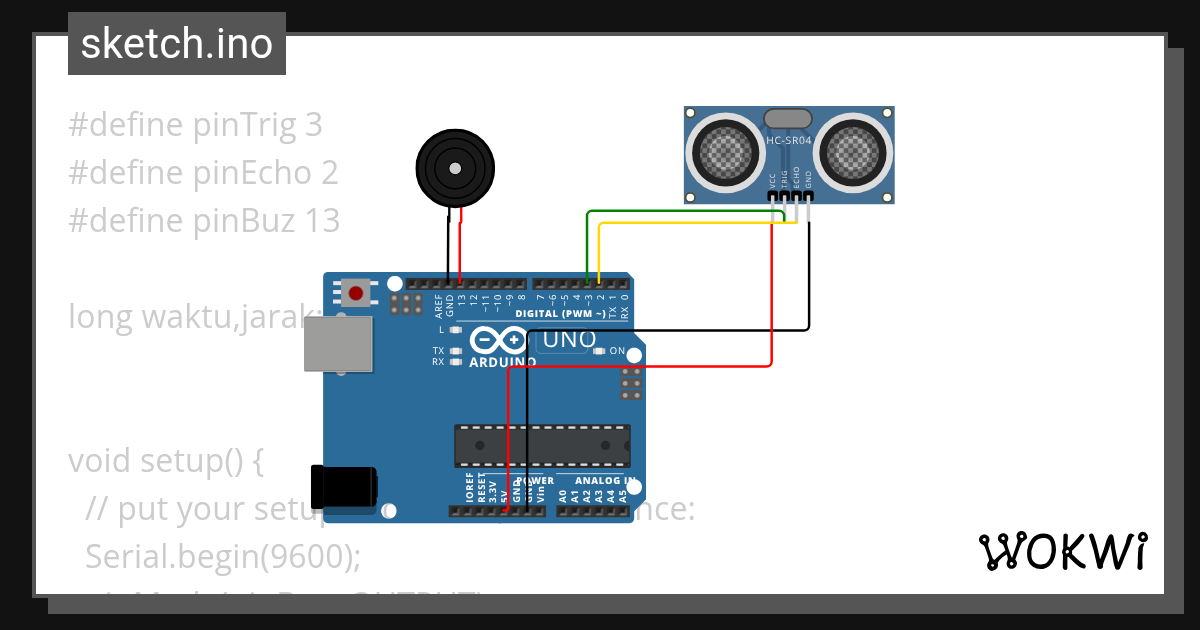Sensor ultra sonik buzzer - Wokwi ESP32, STM32, Arduino Simulator