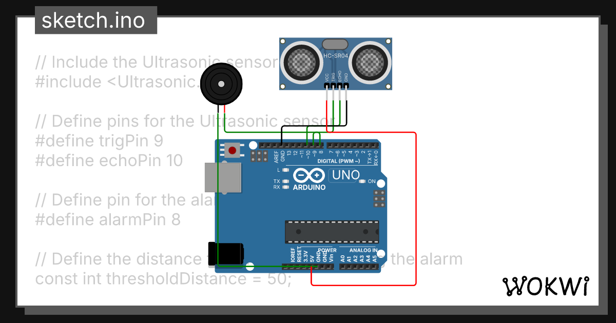 alaram system using us sensor - Wokwi ESP32, STM32, Arduino Simulator