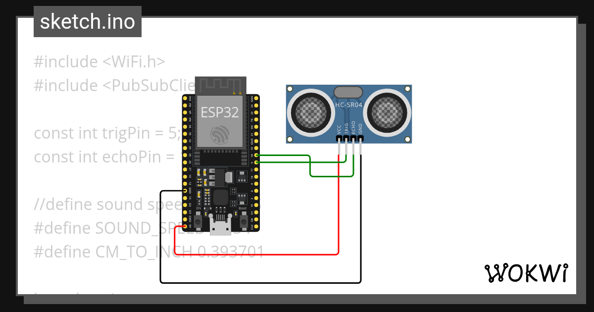 Ultrasonic sensor data to MQTT - Wokwi ESP32, STM32, Arduino Simulator
