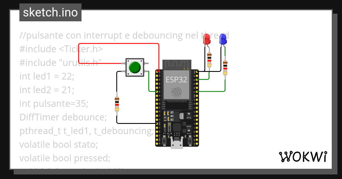 pulsante con interrupt e debouncing in un thread - Wokwi ESP32, STM32, Arduino Simulator