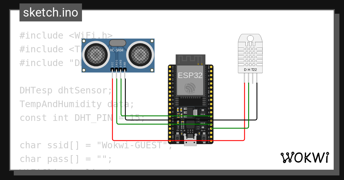 Ulrasonic And Dht22 Using Esp 32 And Thingspeak Wokwi Esp32 Stm32 Arduino Simulator