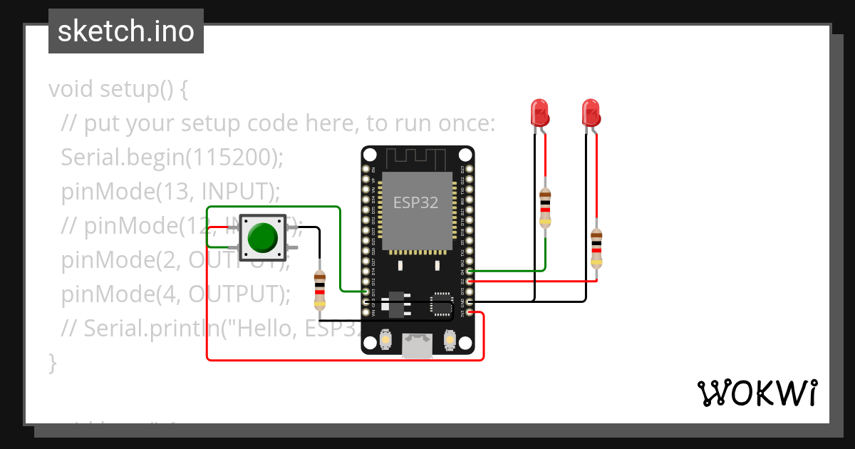 HANDS ON 4 (1PB 2LED FLIPFLOP) - Wokwi ESP32, STM32, Arduino Simulator