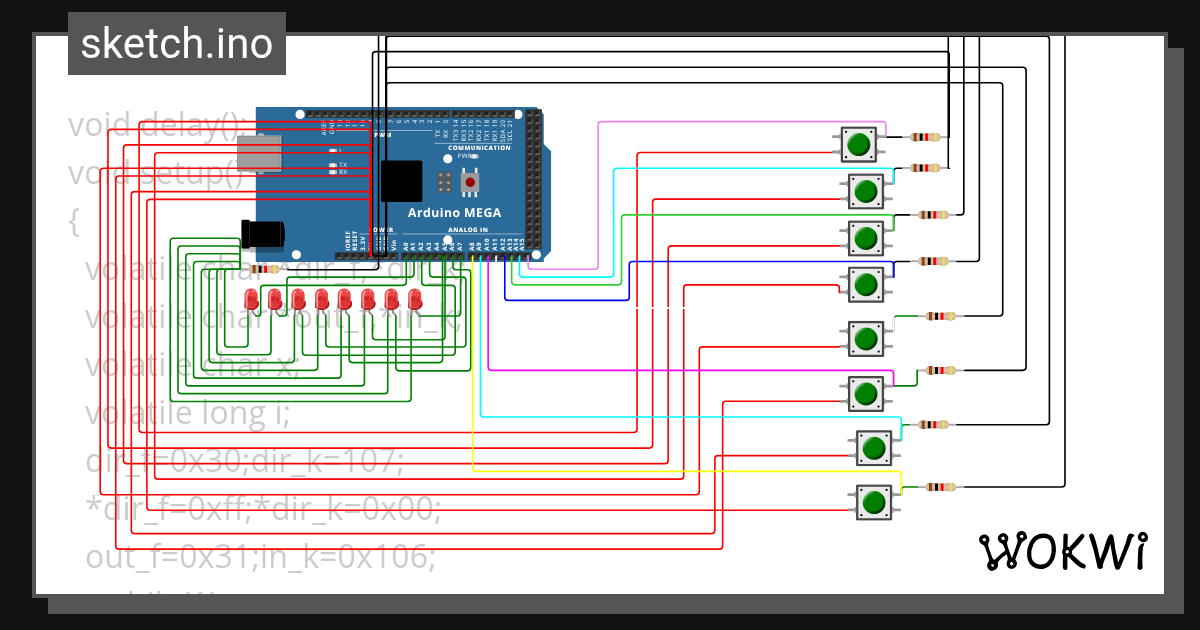 Press 7th switch first glow 0th LED, delay, 1st LED, Delay, 4th LED, delay,7th LED - Wokwi ESP32 ...