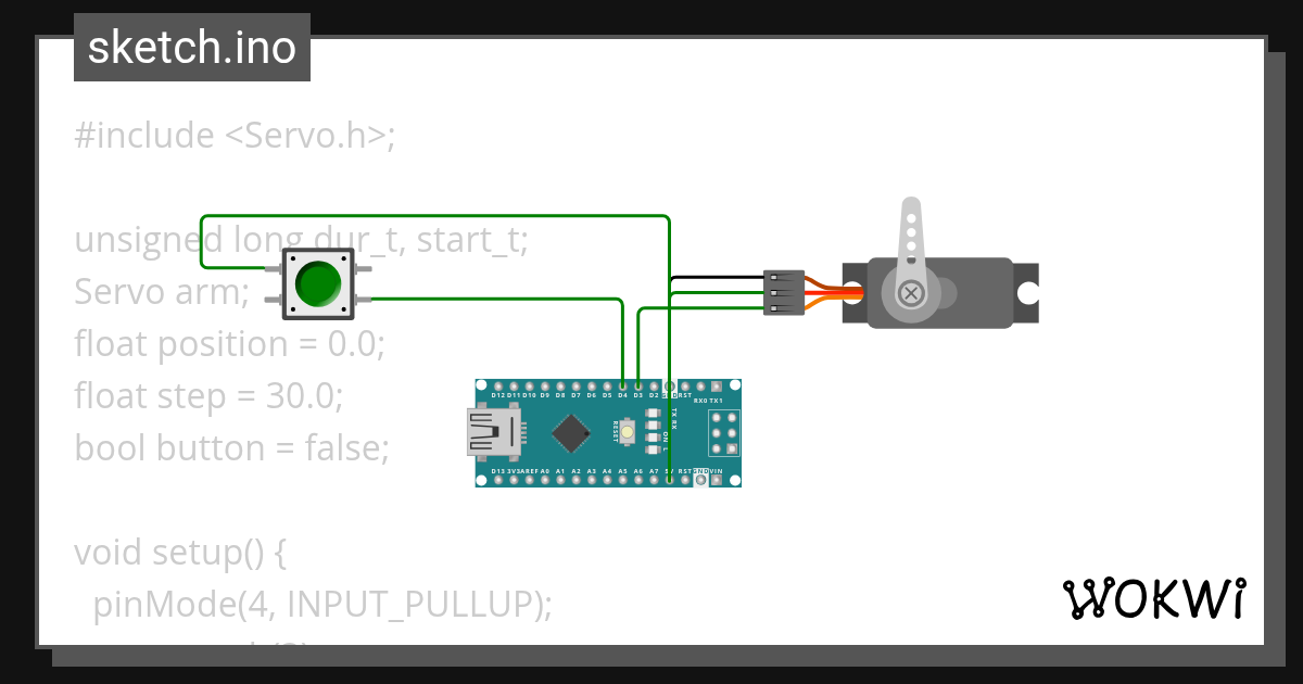One button-controlled servo Zack - Wokwi ESP32, STM32, Arduino Simulator