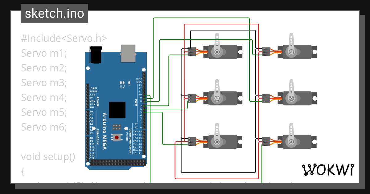 6 servo robot legs EXO - Wokwi ESP32, STM32, Arduino Simulator