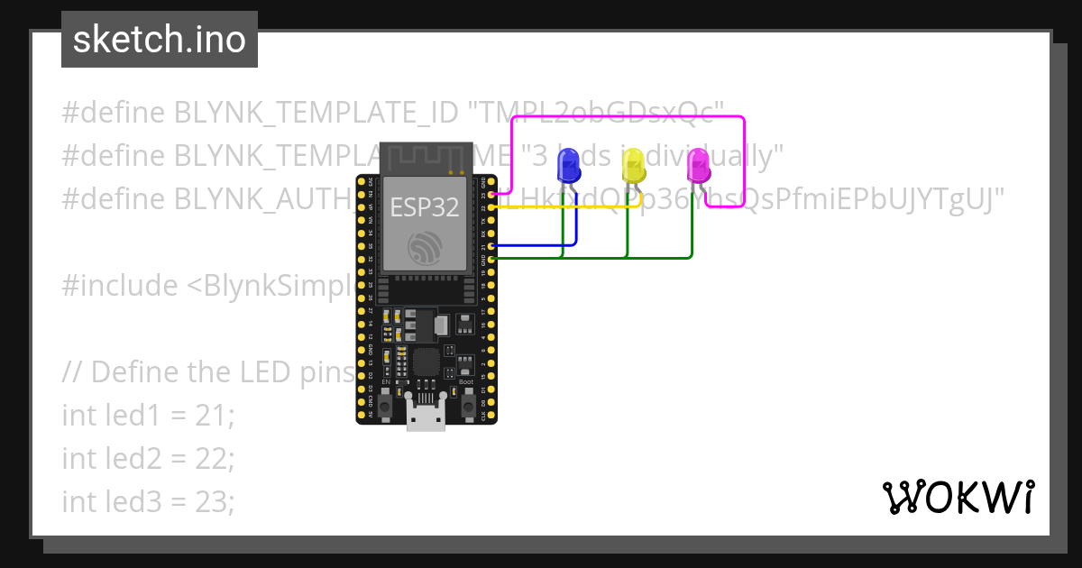 3 leds + Blynk - Wokwi ESP32, STM32, Arduino Simulator