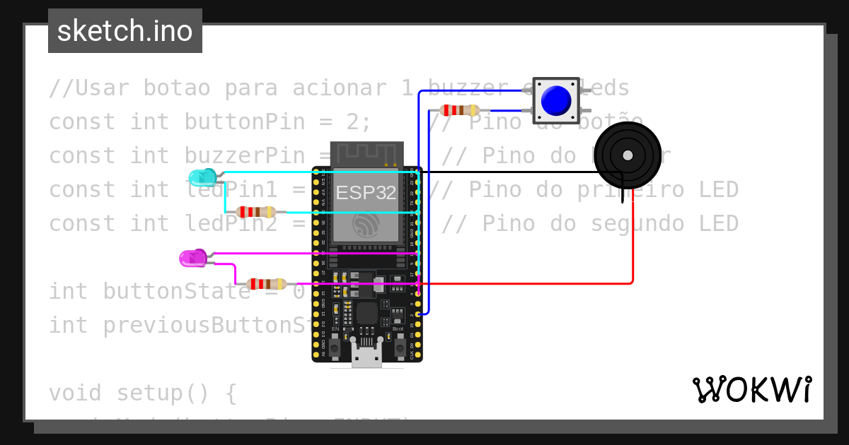Botao Para Acionar 2 Led E Um Buzzer Copy Wokwi Esp32 Stm32 Arduino