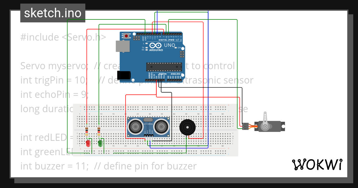 Sensor with servo, buzzer, and lead lights Copy - Wokwi ESP32, STM32, Arduino Simulator