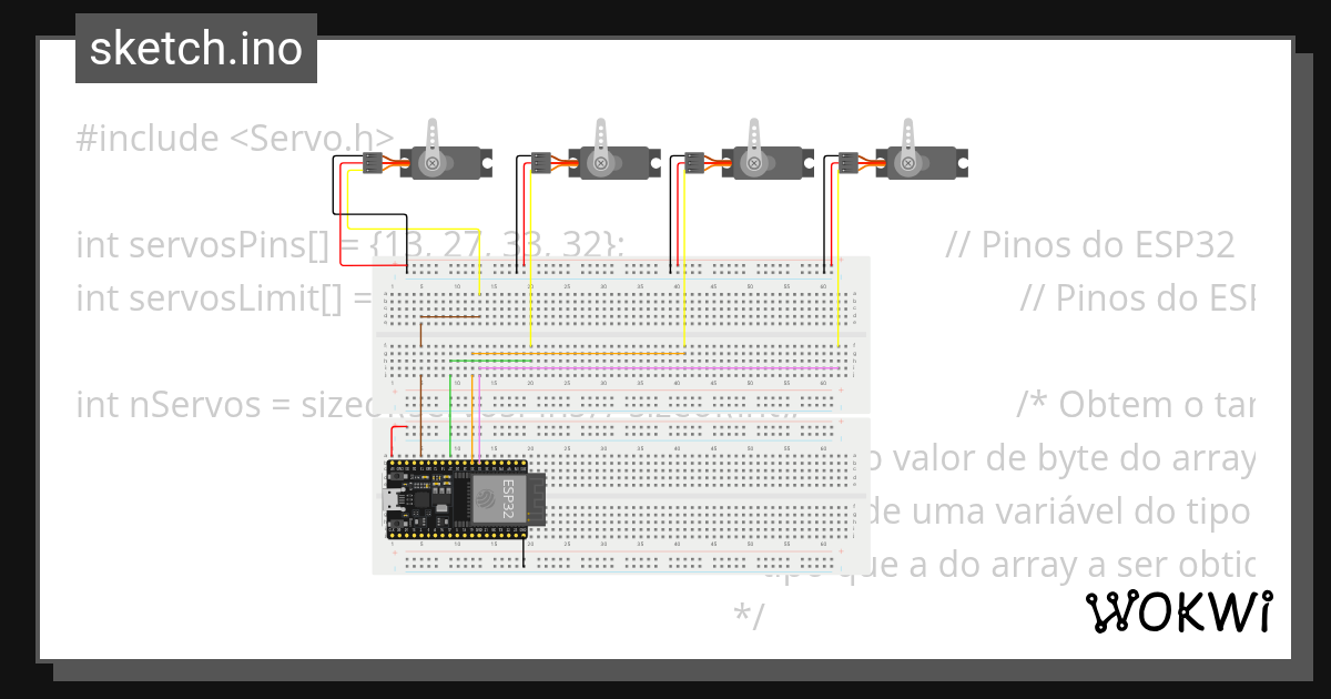 Tentativa falha de servo motor com ESP32 - Wokwi ESP32, STM32, Arduino Simulator