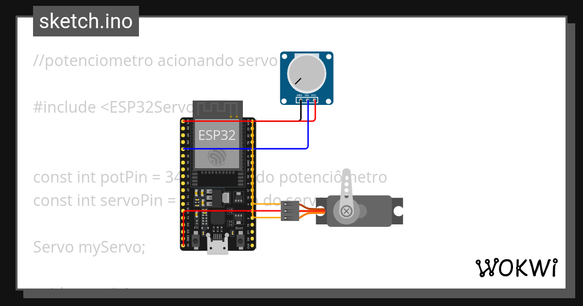 potenciômetro acionando servo - Wokwi ESP32, STM32, Arduino Simulator