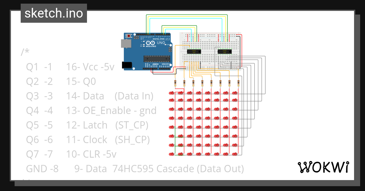 Arduino UNO Dot Matrix 8x8 Copy_multiplex shift - Wokwi ESP32, STM32, Arduino Simulator