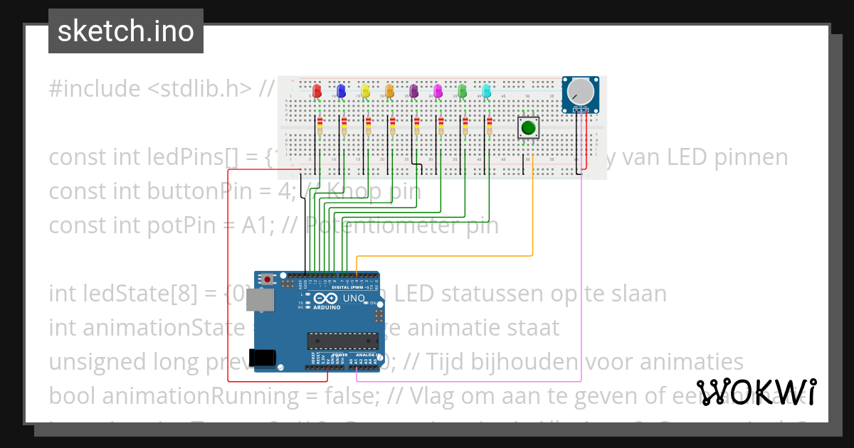 Les2_Oef8_Interactieve_LED_array_1Knop - Wokwi ESP32, STM32, Arduino Simulator