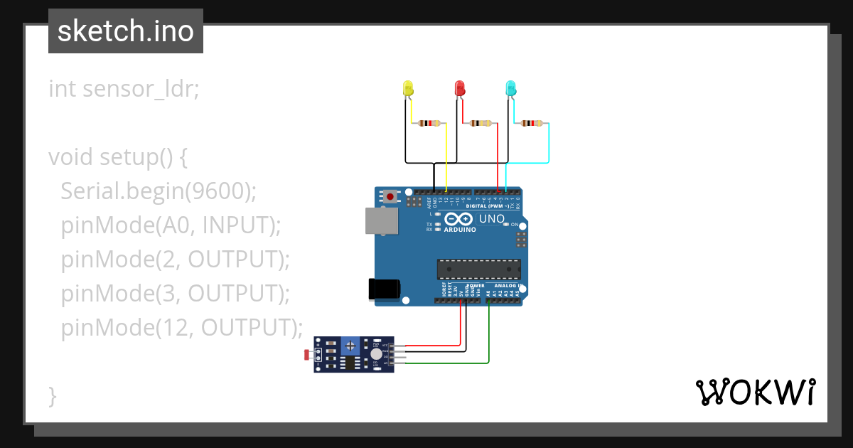 Sensor LDR Dengan 3 LED Indikator - 230205601006 - MUH. NURHIDAYAT - Wokwi ESP32, STM32, Arduino ...