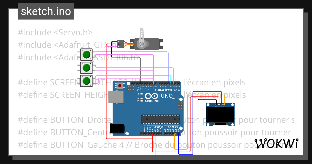 Servo et Bouton DROITE/MILLIEU/GAUCHE/LCD 1306SSDCopy - Wokwi ESP32, STM32, Arduino Simulator